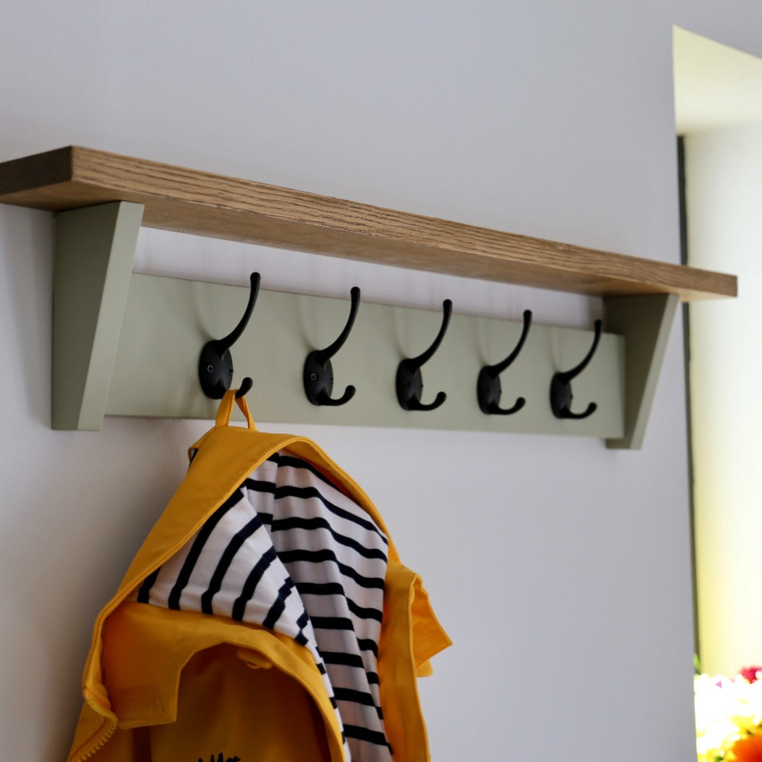 Light Green Coat Rack with Oak Shelf – Oaky Homes